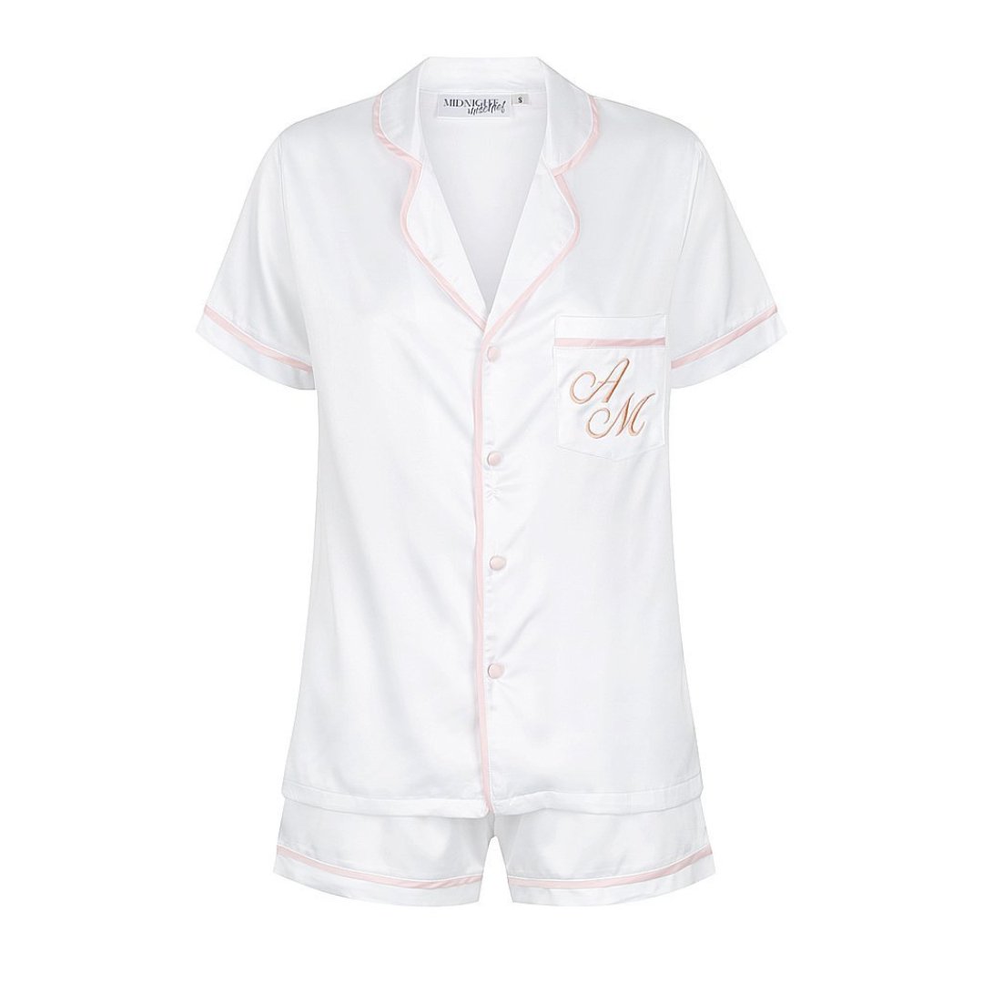 Kids Bespoke Satin Pyjama Set - Short Sleeve White/Baby Pink – Midnight ...