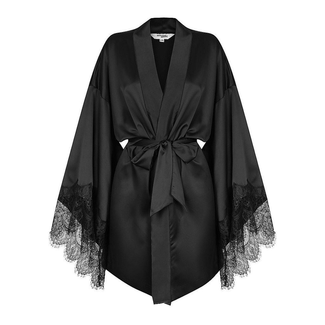 Satin Personalised Black Lace Short Robe - Black Lace Details ...