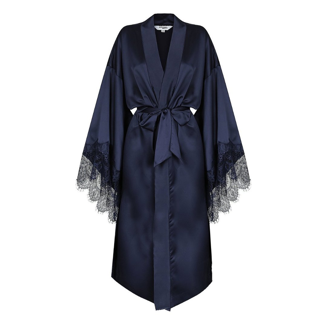 Bespoke Satin Navy Lace Long Robe - Navy Lace Details – Midnight ...