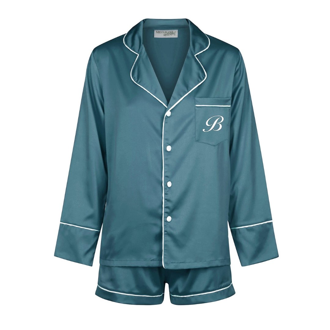 Satin Personalised Pyjama Set - Long Sleeve Teal/White – Midnight ...