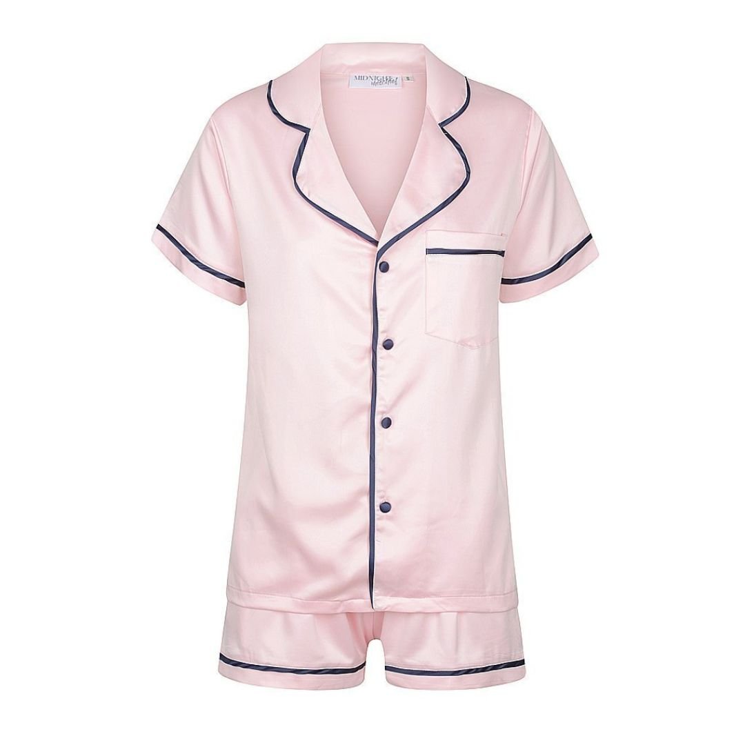 Satin Personalised Pyjama Set - Short Sleeve Pink/Navy – Midnight ...